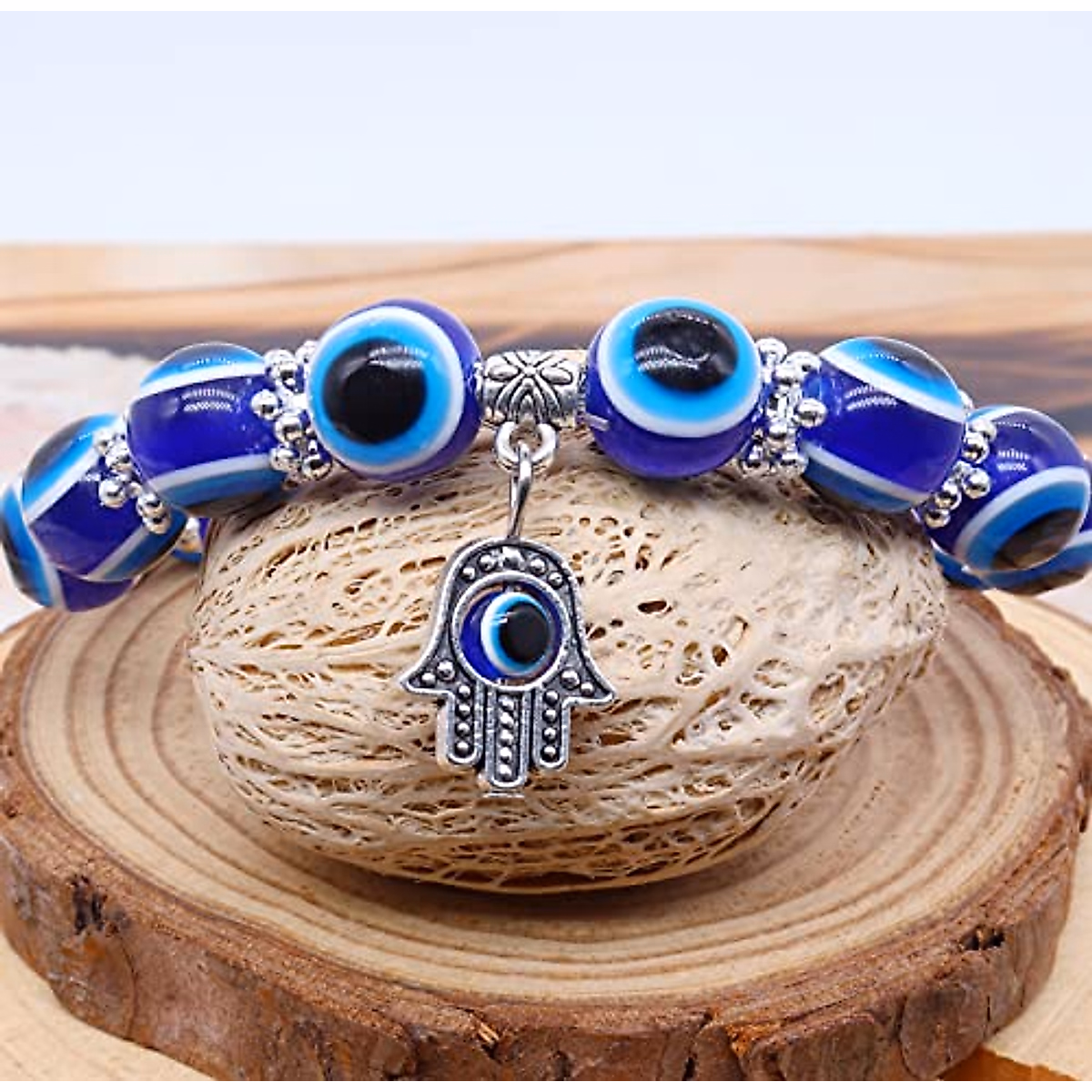CJIAYUJEW 3pcs Evil Eye Bracelet Chakra Crystal Bracelets Set,Evil Eye Hamsa Blue Beaded Charm Stretch Bracelet for Protection and Blessing (Blue, Zinc Alloy)