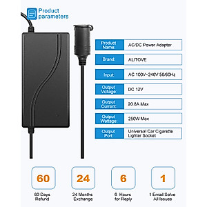 ALITOVE AC to DC Converter 110V to 12V Converter 20.8A 250W with Car Cigarette Lighter Socket 100V~240V AC to DC 12 Volt 20A 18A 15A Power Supply Adapter for Car Refrigerator Tire Inflator Cleaner