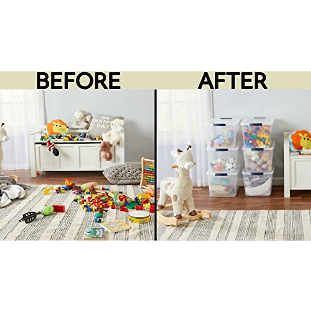 Rubbermaid Cleverstore Clear 30 Qt/7.5 Gal, Pack of 6 Stackable Plastic Storage Containers with Durable Latching Clear Lids, Visible Storage, Great for Closet, Laundry, and Kitchen