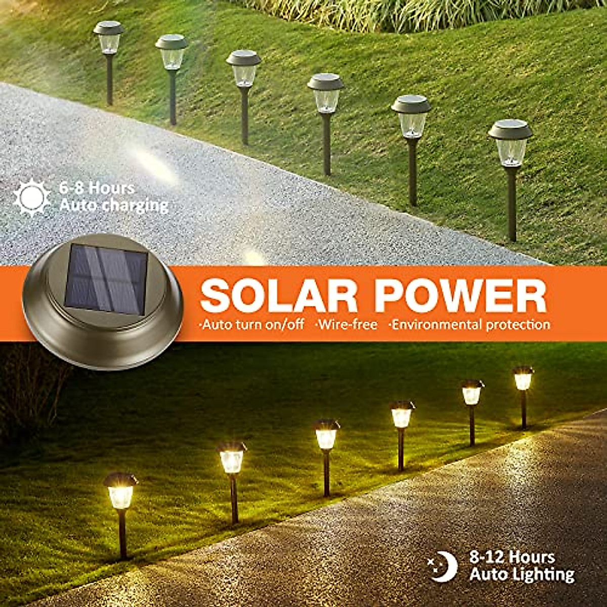 XMCOSY+ Solar Pathway Lights - 6 Pack Solar Lights Outdoor Waterproof, Auto On/Off 10-25 LM Warm White Glass Stainless Steel, Solar LED Lights Decorative for Yard Garden Lawn Driveway Walkway Sidewalk
