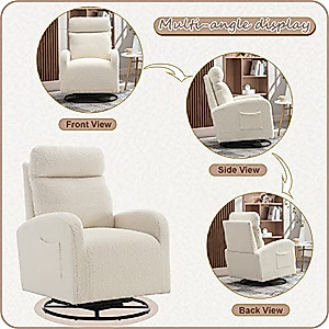 Kurhwyss Swivel Glider Chair for Nursery, Modern Rocker Chair with High Back and Storage Pocket, Upholstered Accent Rocking Chair with Solid Metal Base for Living Room, Bedroom (Cream White Teddy)
