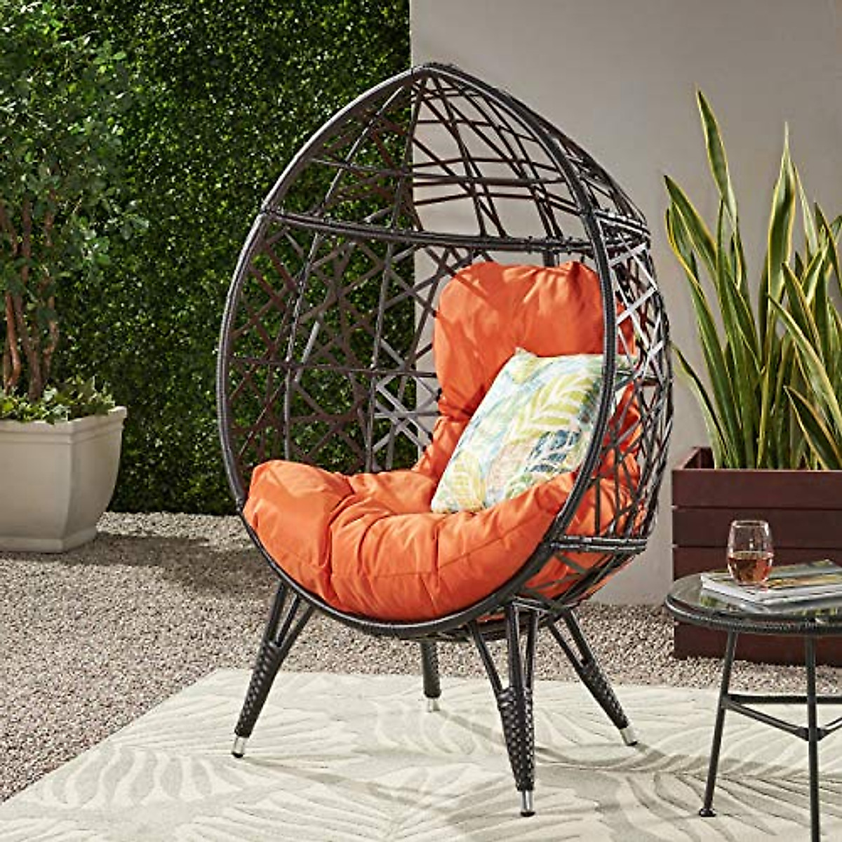 Great Deal Furniture Doris Outdoor Wicker Teardrop Chair with Cushion, Brown and Orange