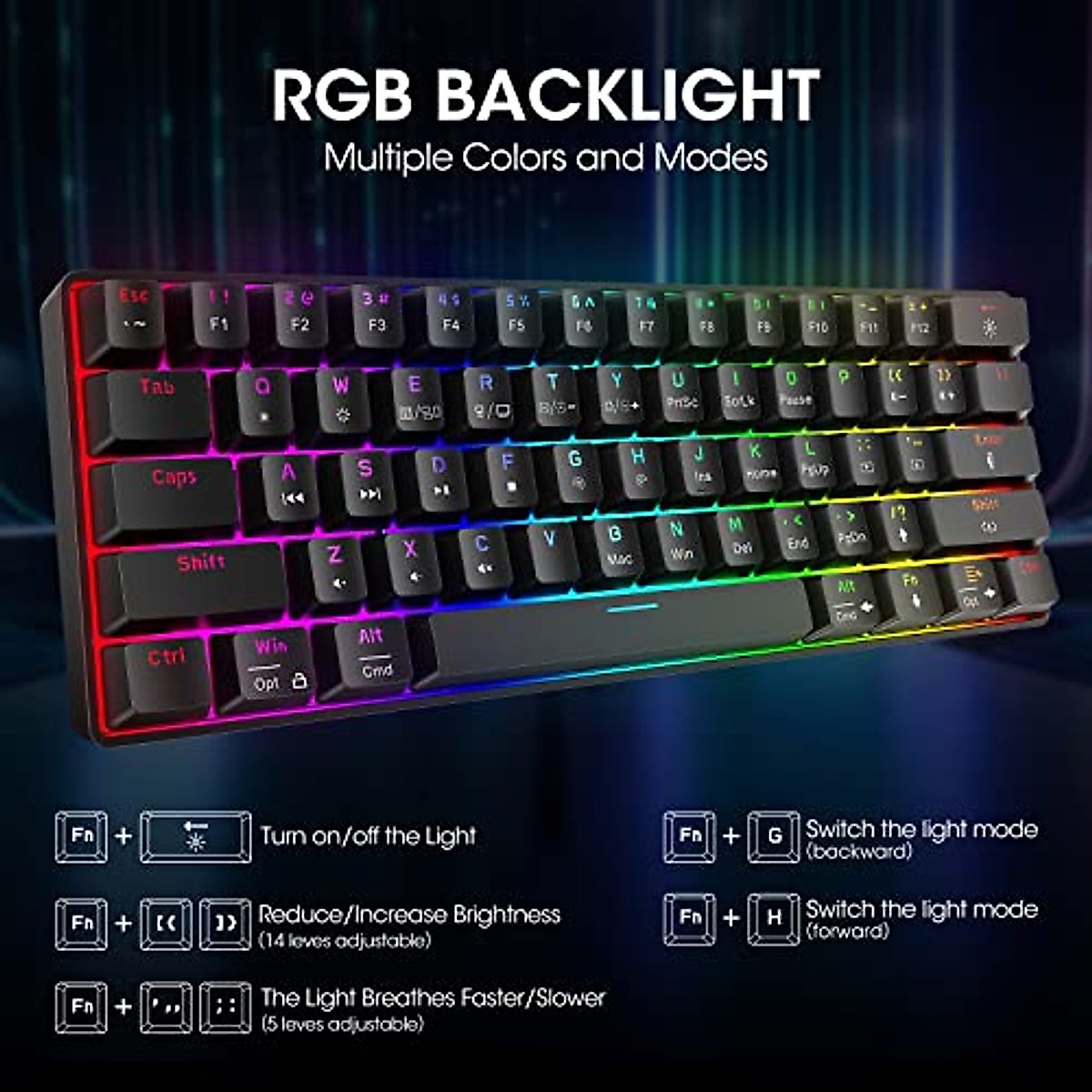KOORUI 60% Gaming Keyboards, 61 Keys Wired Ultra-Compact Mechanical Keyboard 26 RGB Backlit with Red Switch Mini Keyboards for Windows MacOS Linux