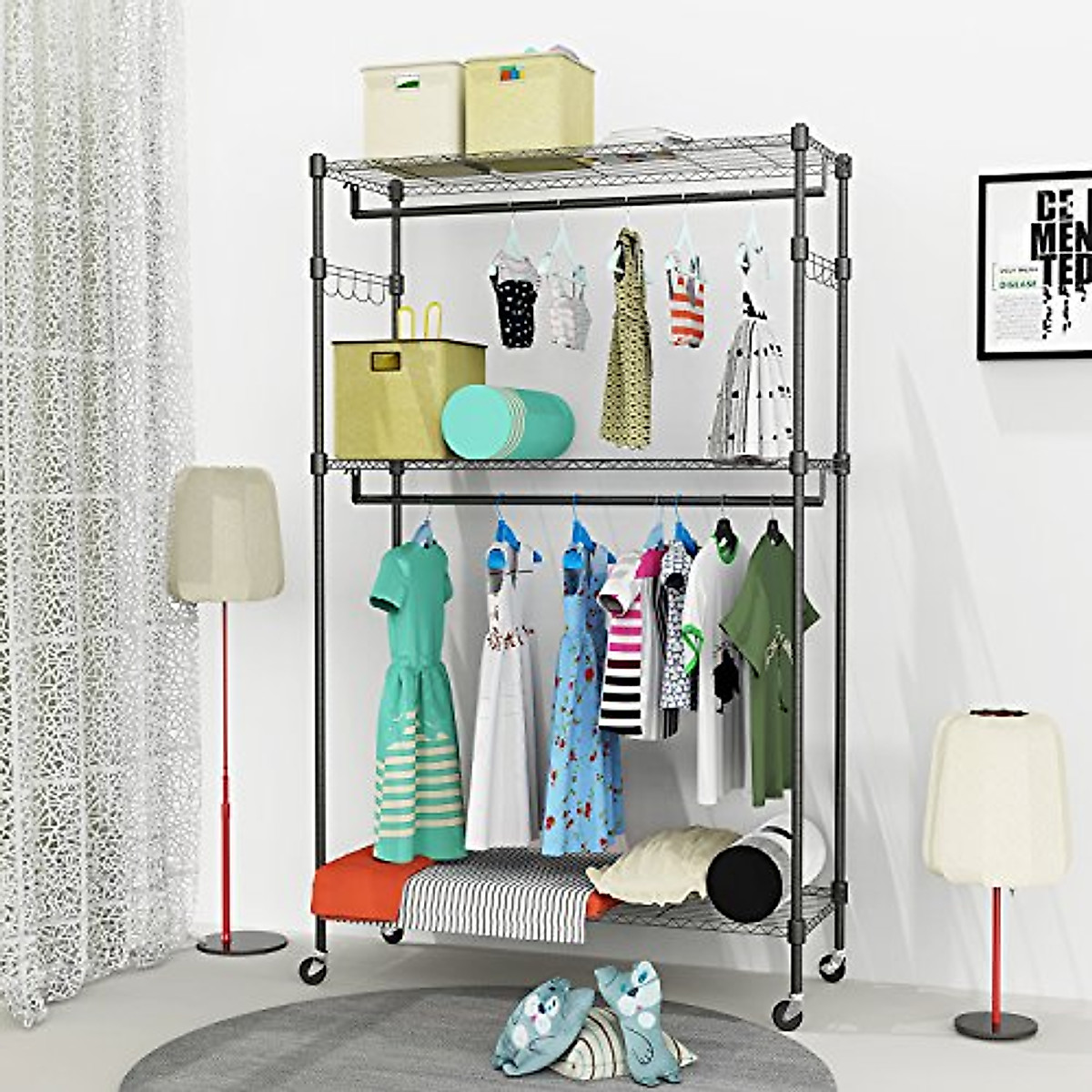 Kemanner Heavy Duty Rolling Garment Rack 3-Tiers Wire Shelving W/Double Rods & Lockable Wheels & 1 Pair Side Hooks - Hold Up to 400Lbs (Black, 2Rod 2Hook)