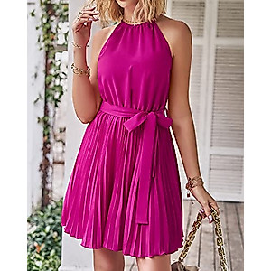 BTFBM Women 2024 Summer Casual Halter Neck A-Line Dress Sleeveless Belted Swing Pleated Cocktail Party Beach Mini Dresses(Solid Purple Red, Large)