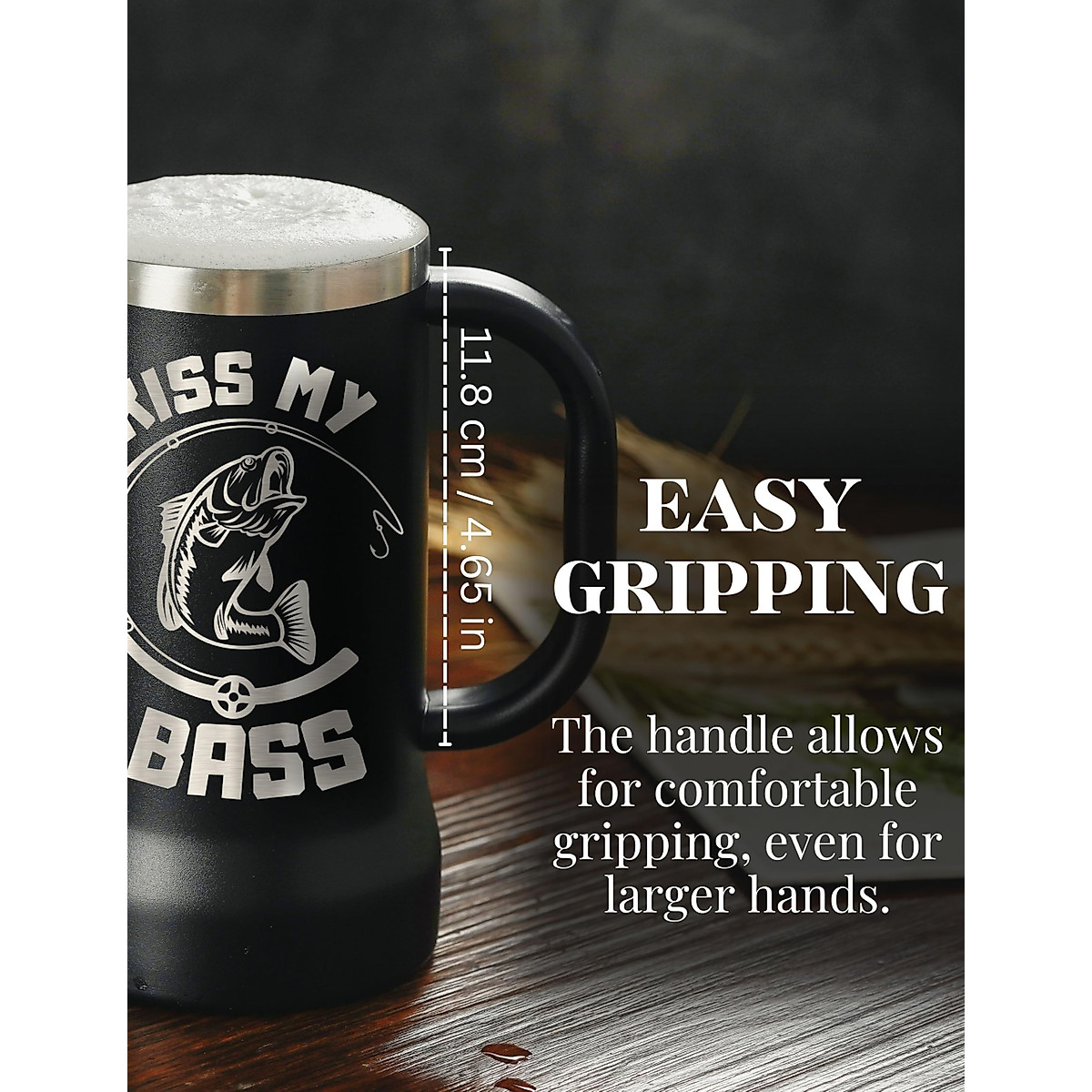 Onebttl Bass Fishing Gifts for Men, Stainless Steel Beer Stein Tumbler, 24oz Beer Mug with Lid for Father's Day, Christmas - Kiss My Bass