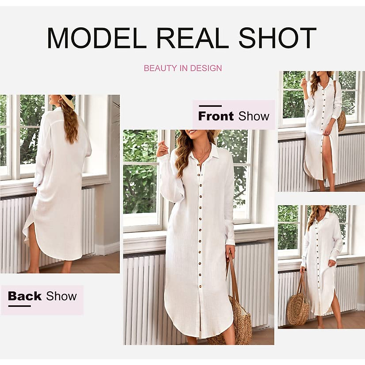 Dokotoo Womens Plus Size Casual Summer Spring Wrap Button Down Front Cotton Long Sleeve Maxi Dress Long Cardigan Beach Boho Cover Ups Shirt Dresses for Women 2023 White Small