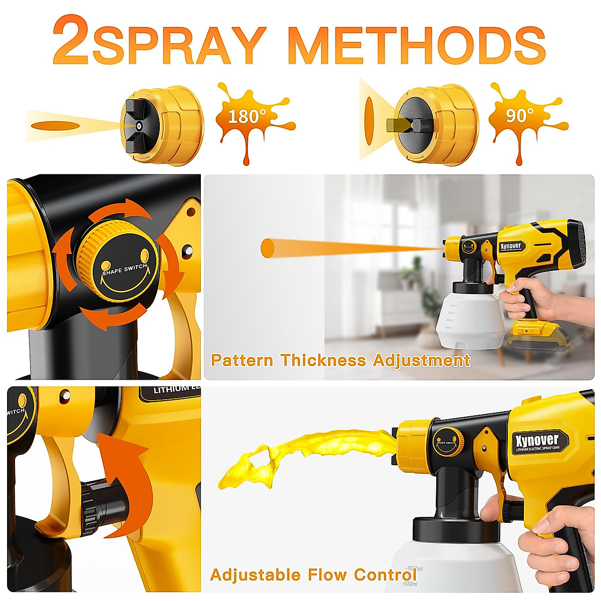 Xynover Cordless Paint Sprayer for Dewalt 20V MAX Battery, HVLP Spray Paint Gun with Brushless Motor and 4 Copper Nozzle 200W Paint Sprayer for Home Interior Exterior Paint(Battery Not Included)