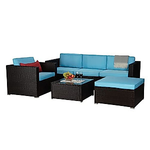 HomSof 6-Piece PE Rattan Wicker Sectional Cushioned Sofa Sets with 1 Red Pillow, Blue + Brown