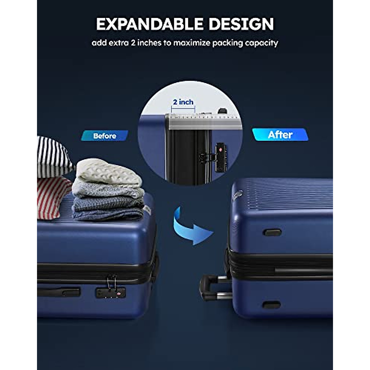 Hard Sided Luggage with Spinner Wheels,Expandable Suitcases with TSA Lock (20" Carry-on, Deep Blue)…