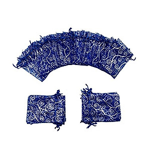 Ankirol 100pcs Sheer Organza Favor Bags For Wedding Baby Shower Rattan Print Gift Bags Samples Display Drawstring Pouches (3x4 inch, blue)