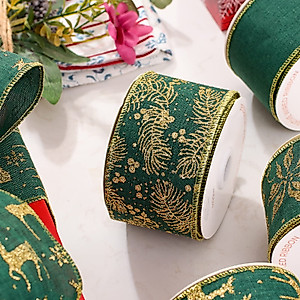UNIQOOO 40 Yards 4 Rolls Seamless Green Christmas Wired Ribbon Set, 2.5 inch x 10yd. Satin Burlap Wired Edge Ribbon for Xmas Tree Décor, Gift Wrap Box, Bows, Wreath, Garland, Floral DIY Craft, Wedding