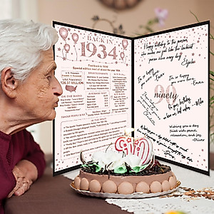 Crenics 90th Birthday Gift for Women, Creative Back in 1934 Birthday Poster, Giant 90th Birthday Guest Signature Book, Black and Pink 90 Birthday Decorations Party Supplies