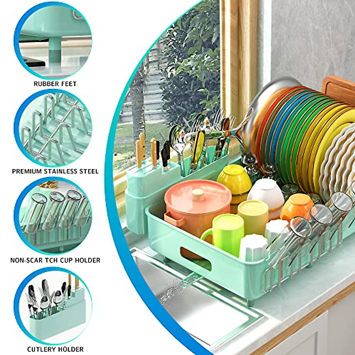 ADBIU Large Dish Drying Rack with Drainboard Set（12.8" - 20"） Expandable Compact Dish Drainer, 1 Piece Cyan