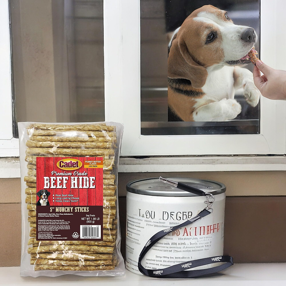 moofin Cadet Premium Grade Beef Hide 5" Munchy Sticks,1.98 Lb, Long-Lasting Dog Chews for Teeth Cleaning, 100-Count, Bundle with Pet Training Stainless Steel Clicker Whistle [Pack of 3]