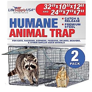 LifeSupplyUSA 2pc Animal Traps (32"x10"x12" & 24"x7"x7") for Cats, Racoons, Gophers, Possums, Skunks, Beavers and Other Similar Sized Animals. Easy Trap Catch & Release cage with 1-Door