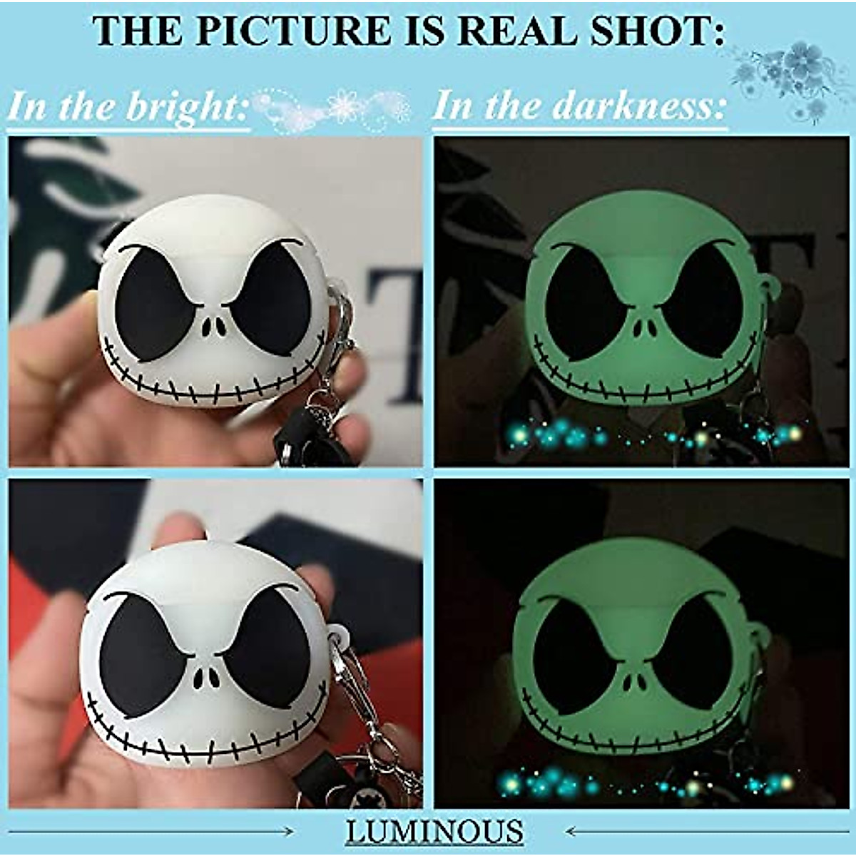 CCXNAS Compatible with Airpods Case Cover with Keychain, Halloween Luminous Skull for Airpods 2nd & 1st Cases, Soft Silicone Cute Funny Anime Case for Apple Airpods 2/1