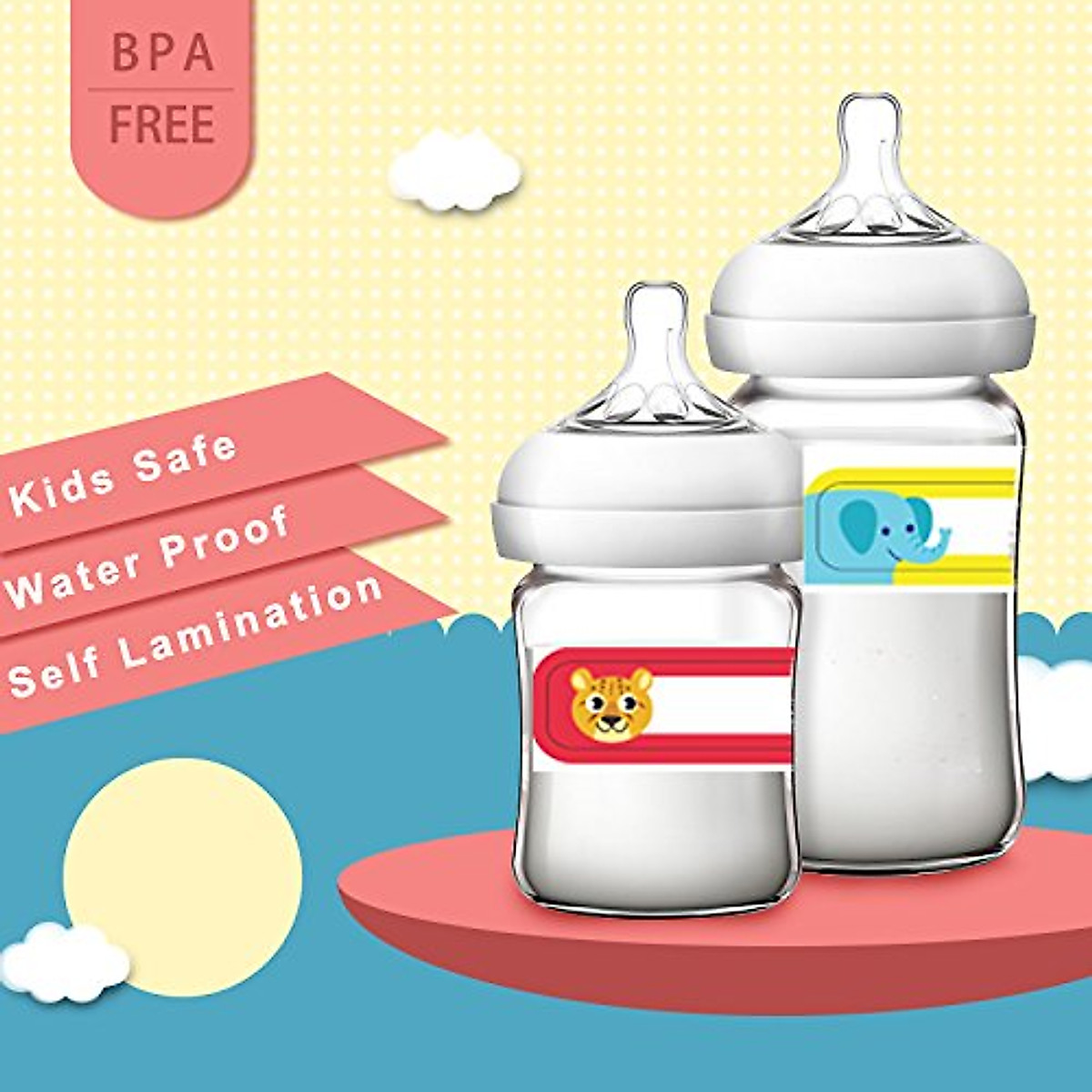 Youngever 180 Pack Baby Bottle Labels for Daycare, Waterproof, Self-Lamination, Write-on, 60 Fun Design