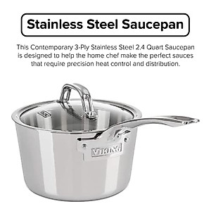 Viking Culinary Contemporary 3-Ply Stainless Steel Saucepan, 2.4 Quart, Includes Glass Lid, Dishwasher, Oven Safe, Works on All Cooktops including Induction