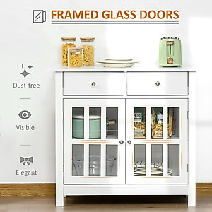 HOMCOM Sideboard Buffet Cabinet, Accent Kitchen Cabinet with Glass Doors, Adjustable Shelf and 2 Drawers for Kitchen, White