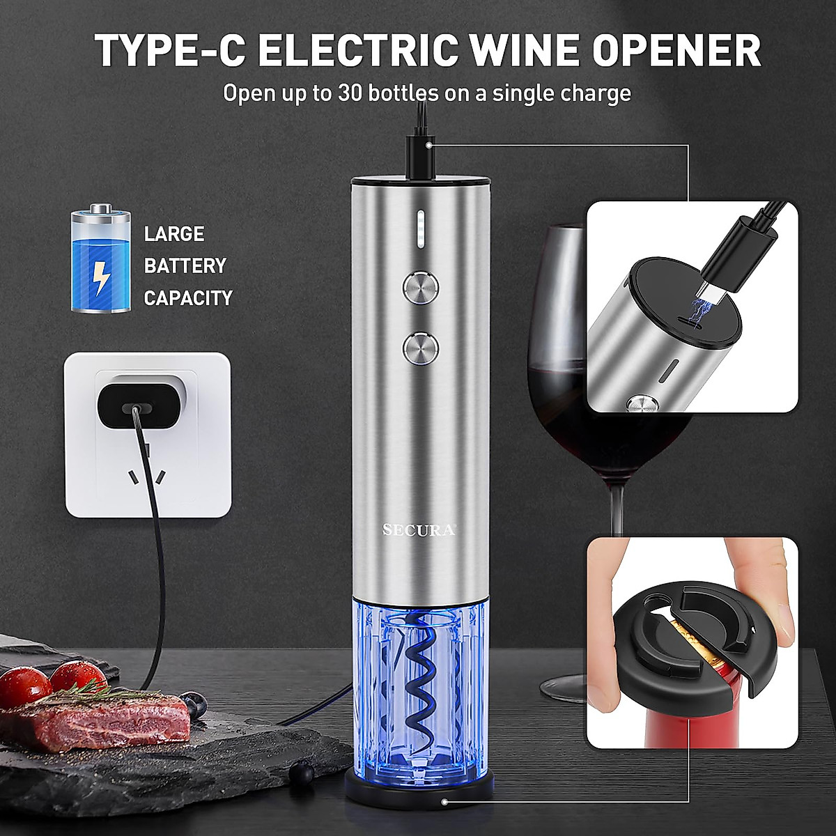 Secura Stainless Steel Electric Wine Opener, Rechargeable Automatic Home Wine Bottle Opener with Foil Cutter & Charging Cable, Reusable Corkscrew Wine Opener Electric for Wine Lovers, Silver