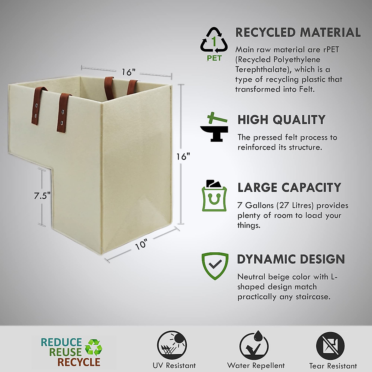 Stair Basket Leather Handles 16' ' Staircase Baskets Carpeted Wooden Stairs Made of 4mm Premium Felt Stair Organizer Laundry Basket Basket Stairs Foldable Staircase Basket, Beige (SBK01-HF-16)