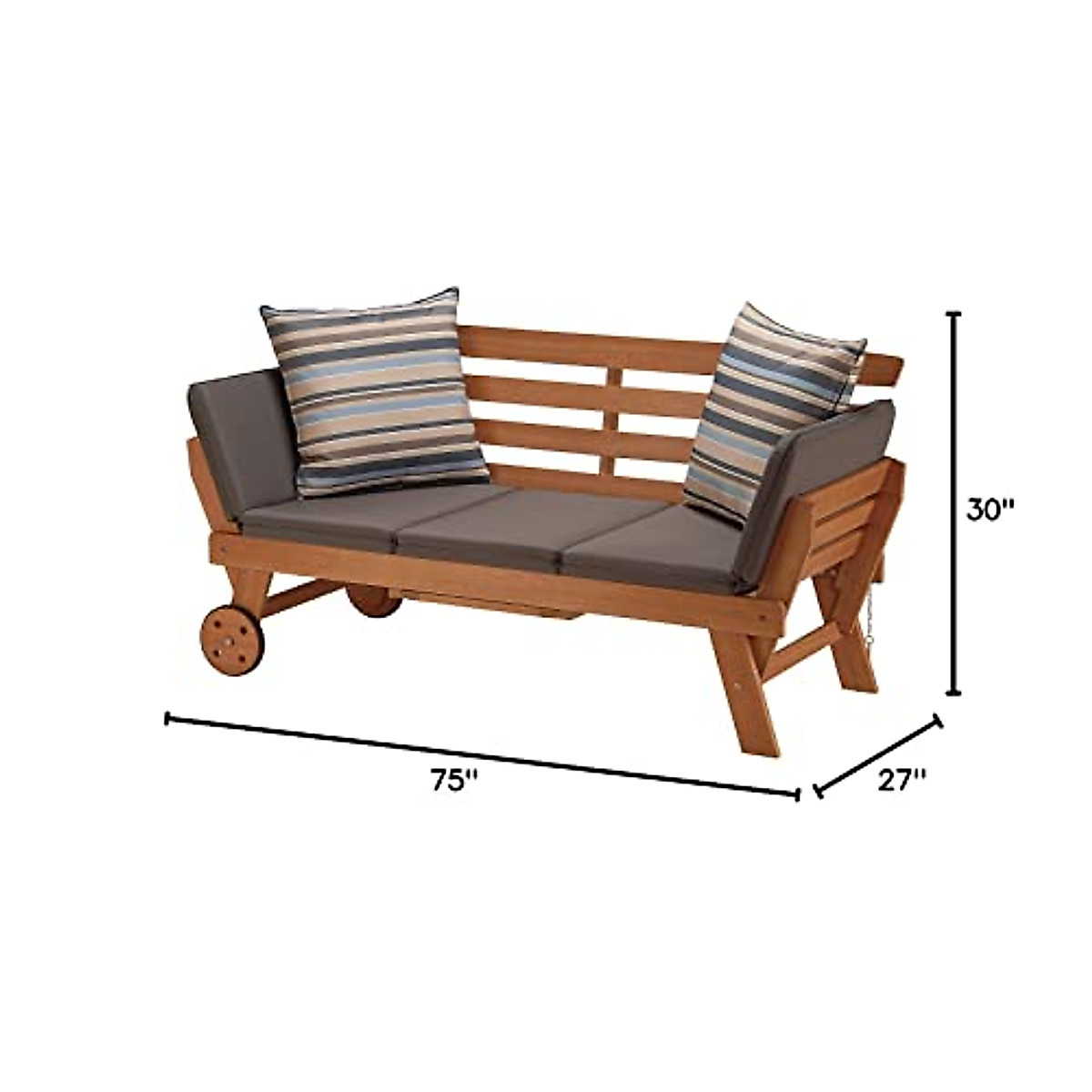 National Outdoor Living Eucalyptus Wood Patio Daybed with Chocolate Brown Cushions and Striped Accent Pillows