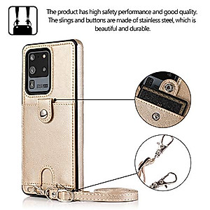 Jaorty PU Leather Wallet Case for Samsung Galaxy S20 Ultra Necklace Crossbody Lanyard Case Cover with Card Holder Adjustable Detachable Anti-Lost Neck Strap Case for Samsung Galaxy S20 Ultra,6.9",Gold