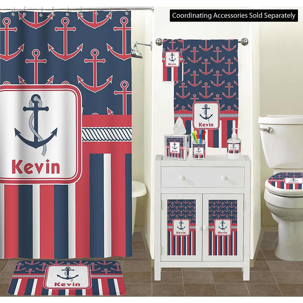 RNK Shops Personalized Nautical Anchors & Stripes Waste Basket - Single Sided (White)