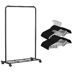 SONGMICS Rolling Clothes Rack and 30-Pack Velvet Hangers Bundle, Garment Rack with Wheels and a Mesh Shelf, Non-Slip Coat Pants Hangers with Adjustable Clips, Black UHSR25BK and UCRF12B30