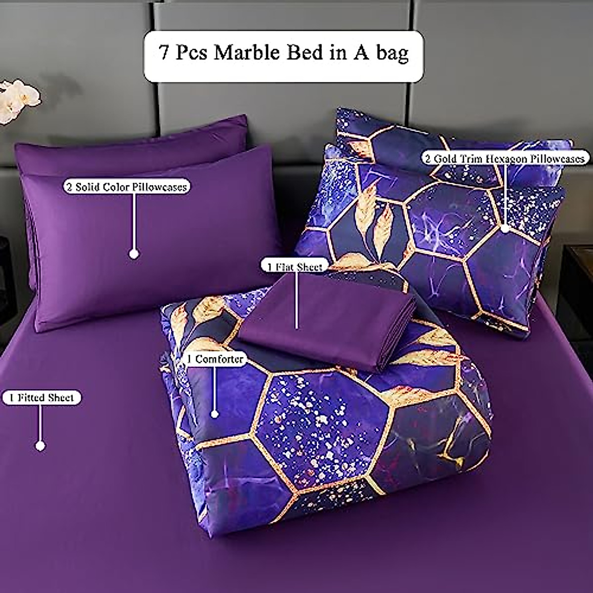 ANGIYUIN 7Pcs Bed-in-A-Bag Purple Gold Marble King Comforter Set with Sheets, 3D Geometric Hexagon Theme Decor Yellow Leaf Bedding Set, Modern Foil Print Duvet Insert for All Season (Purple King)
