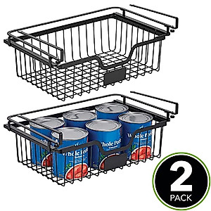 mDesign Wire Under Shelf Organizer for Cabinet - Sliding Basket for Under Cabinet Shelf - Hanging Organizer Rack for Kitchen and Pantry with Label Space - Carson Collection - 2 Pack - Matte Black