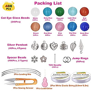 EuTengHao 488Pcs Cat Eye Glass Beads Set Natural Gemstone Round Loose Stone Beads with Pendant Accessories Open Jump Ring Spacer Beads Bracelet String for Bracelet Necklaces Crafting Earrings Jewelry