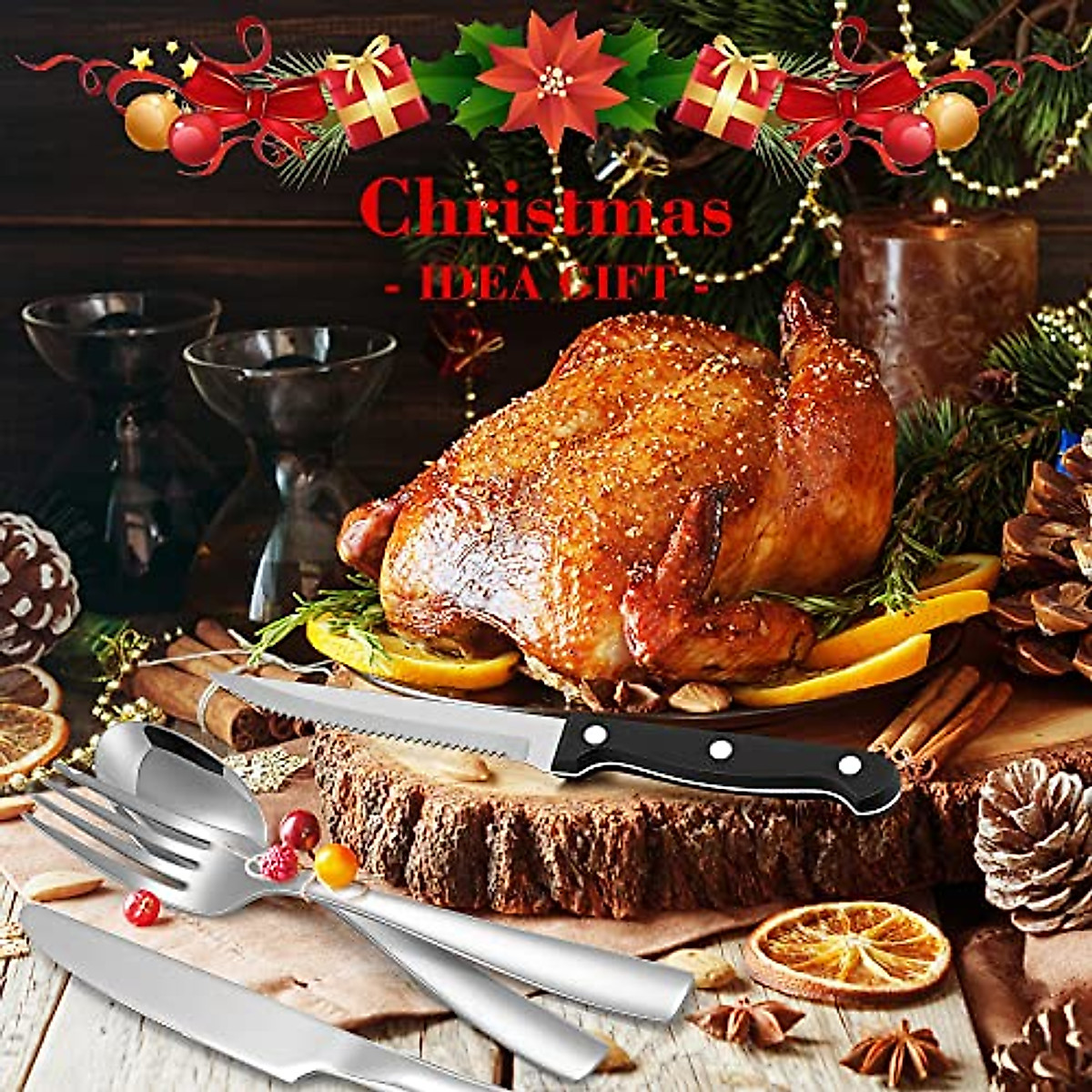 48-Piece Silverware Set with Steak Knife for 8, E-far Stainless Steel Flatware Cutlery Set for Home Kitchen Restaurant, Modern Square Tableware Eating Utensils Set, Mirror Finish, Dishwasher Safe