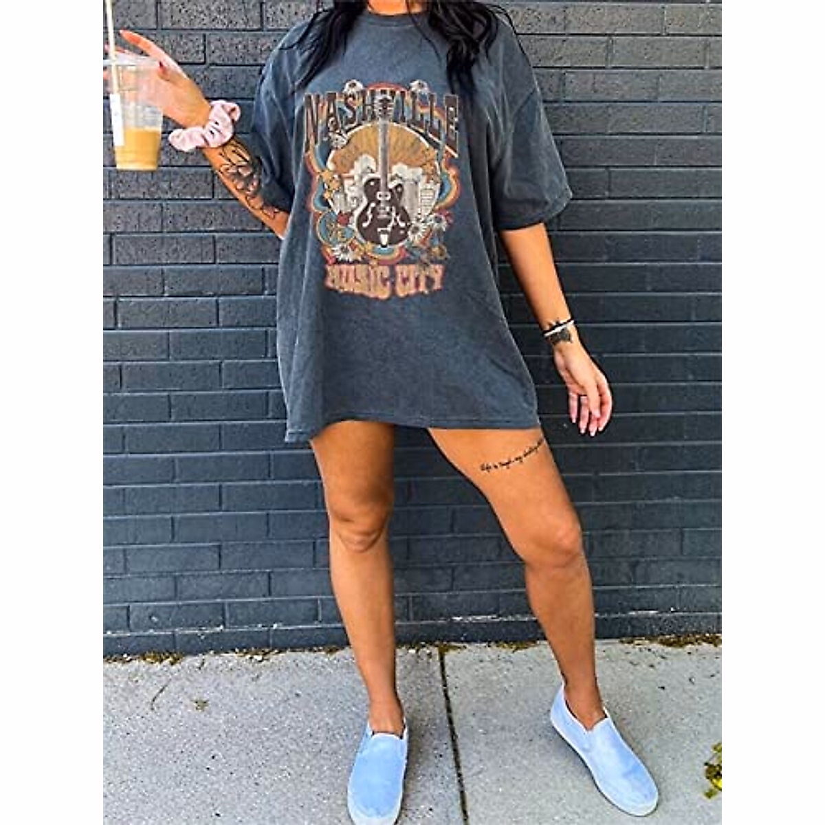 Oversized Nashville Shirts Women Country Music Concert Outfits Casual Rock Band Graphic Tee Tops Rock&Roll T Shirts(M,a-Dark Grey)