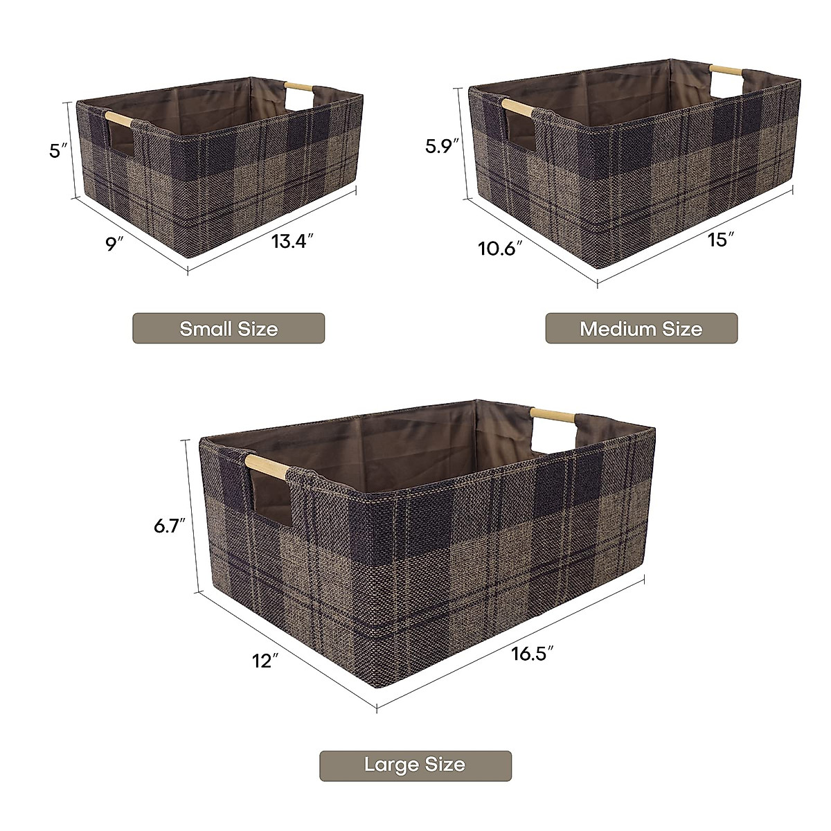 ANMINY 2PCS Storage Bins Set Foldable Cotton Linen Open Storage Baskets Box with Wood Handles Decorative Shelf Closet Clothes Towel Laundry Organizer Container - Medium, Coffee Plaid