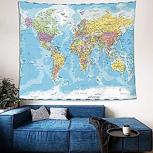 World Map Tapestry for Bedroom Map Men Tapestry Blue World Geographical Distribution Tapestry Aesthetics Large Poster Art Room Decor Wall Hanging for Student Kids Dorm Office Living Room (51''x 60'')
