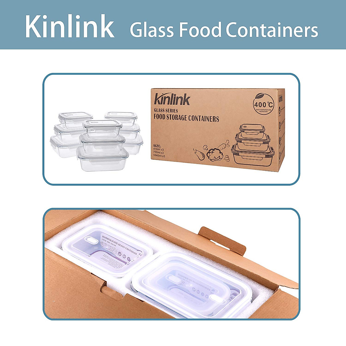 KINLINK Glass Food Storage Containers 18-Pieces with Lids, Glass Meal Prep Containers with BPA-Free Lids, 3 Different Sizes with Airtight Lock 13oz/410ml, 24oz/700ml, 35oz/1040ml