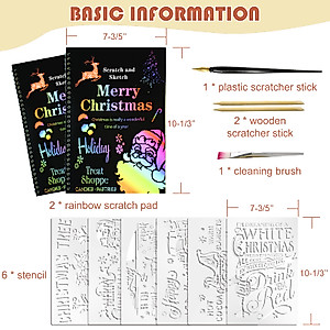 Christmas Scratch Paper Art Notebooks, 24 Piece Set of 14 Sheets Rainbow Magic Scratch Off Paper, 10 x 7 Inches, with 6 Xmas Stencils, 3 Scratcher Sticks, and 1 Cleaning Brush for Kid, Adult and more
