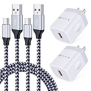 Quick Charge 3.0 Adaptive Fast Charging USB Adapter Wall Charger Plug with 2Pack 6ft Type C Cable for Samsung Galaxy S23 S22 S21 Ultra S20 FE Note 20 A14 A53 A13 A02S A12 A21 A51 A10E A50 A71 S10 S9