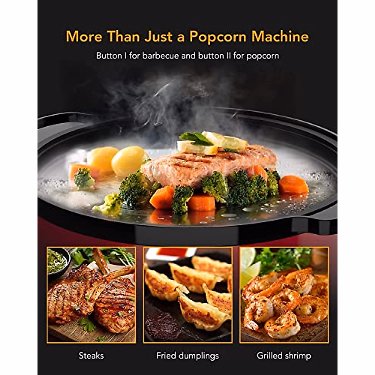 Popcorn Machine Electric Hot Oil Popper, 2-in-1 Automatic Stirring Hot Oil Popcorn Popper Maker & Grill Machine, Large Lid for Serving Bowl, 2 Measuring Spoons, 16-Cup for Home Party