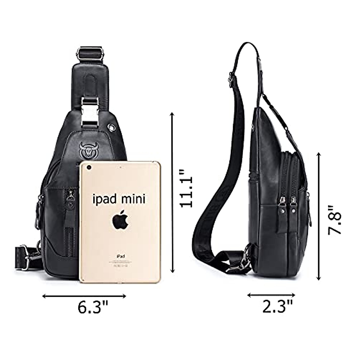 BULLCAPTAIN Genuine Leather Men Sling Crossbody Bag Chest Bags Travel Hiking Shoulder Backpack (Black)