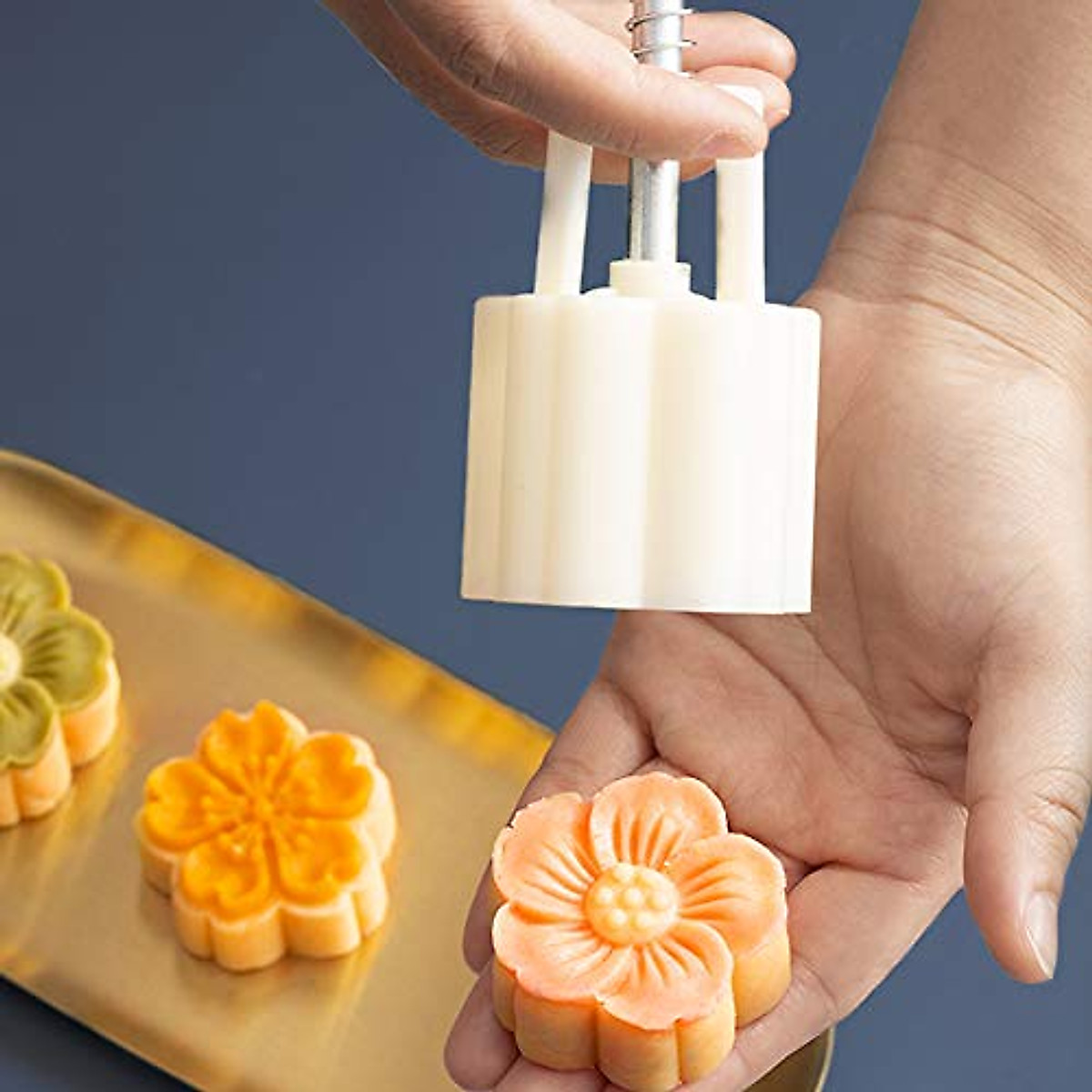 Ylskmu Moon Cake Mold Set 4pcs 50g Cookie Stamps, Cherry Blossom Floral Mid Autumn Festival DIY Hand Press Cookie Dessert Cutter Pastry Decoration Flower Impressions Tool Mooncake Maker (50g)