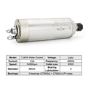RATTMMOTOR 2.2KW Spindle Motor 110V, CNC Water Cooled Spindle Motor 80mm, 24000RPM High Speed Spindle Motor ER20 Collet 15A 400HZ for CNC Router Machine, CNC Engraver Milling Machine