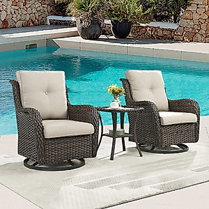 3 Pieces Patio Bistro Set - Outdoor Wicker Rocking Swivel Chairs Set with 2 Swivel Chairs and 1 Glass Top Side Table for Outside Deck Porch Garden(Brown Wicker/Beige Cushion)