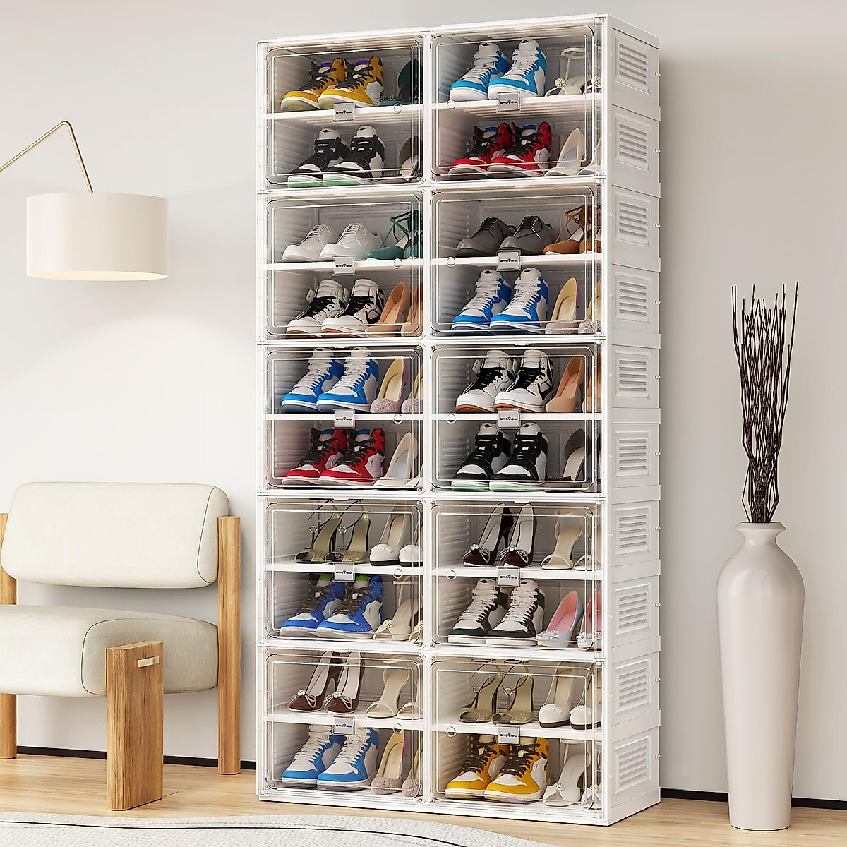 BROVIEW 10 Tiers 40 Pairs Heavy Duty Shoe Storage and Organizer, Hard Plastic Stackable Shoe Box, Shoe Cabinet storage for Entryway, Large Shoe Storage Bins, Shoe Rack with Magnetic Door Folding