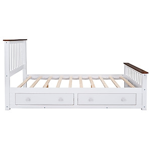 FANYE Queen Size Soild Wood Platform Bed Wooden Bedframe with Two Storage Drawers and Wood Slat Support, White+Walnut