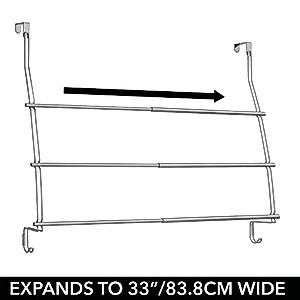 mDesign Expandable Metal Over Shower Door Towel Rack for Bathroom - 3-Tier Organizer with 2 Large Hooks - Holder for Hand/Bath Towels, Washcloths, Loofahs, Sponges - Trinity Collection -Chrome