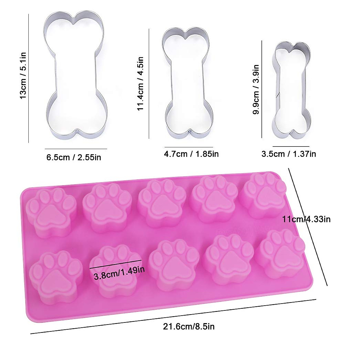 4 Packs Silicone Dog Paw Mold and 3 Packs Stainless Steel Bone Cookie Cutter, SourceTon Assorted Sizes Dog Bone Biscuit Cookie for Homemade Treats and Cat Animal Paw Ice Candy Chocolate Baking Mold