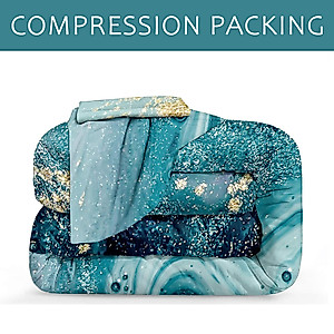 Bedbay Blue and Gold Marble Bedding Comforter Set Queen Size Teal Bedding Boys Girls Queen Duvet Set 3 Pcs Modern Marble Texture Quilt Set Bedroom Guest Room Decor Soft and Lightweight(Blue,Queen)